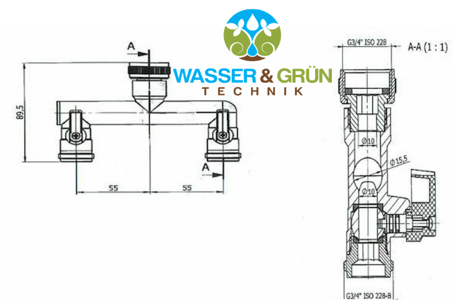 Messing 2 Fach-Verteiler 3/4", 2 x 3/4" AG mit Absperrung/Kugelhahn x 3 ...